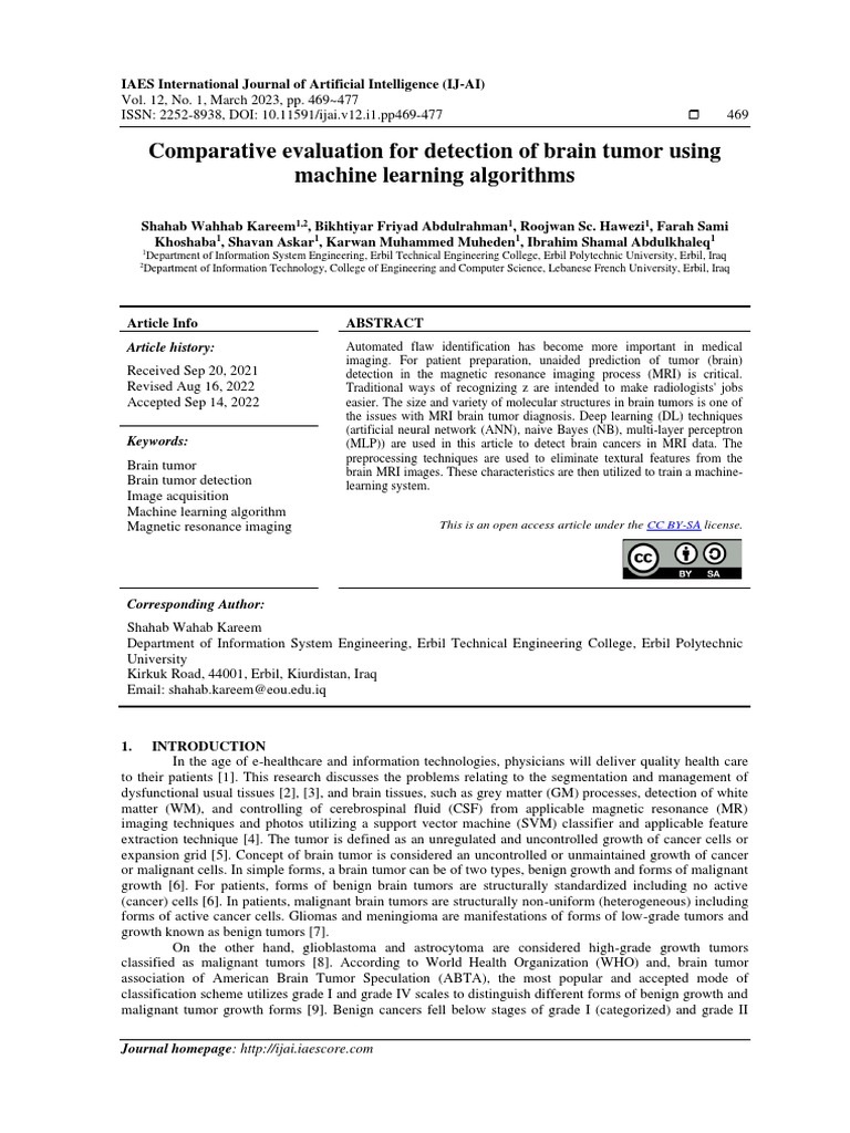 Comparative Evaluation For Detection Of Brain Tumor Using Machine Learning Algorithms Pdf