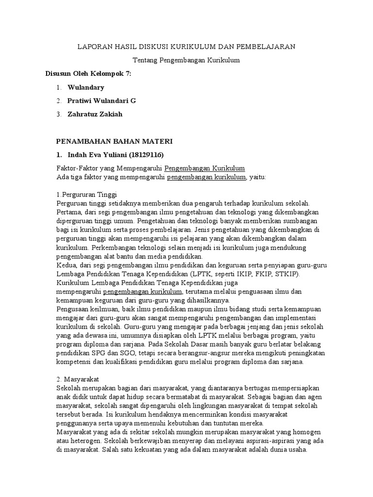 Laporan Hasil Diskusi Kurikulum Dan Pembelajaran | PDF