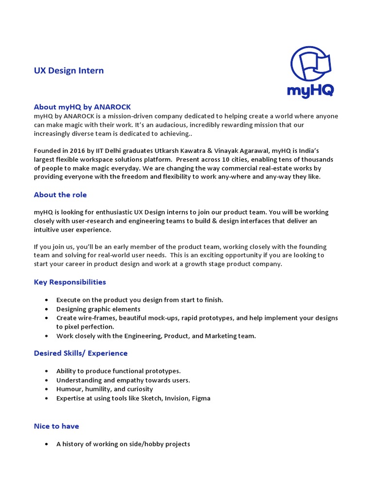 myHQ UX Design Internship Overview | PDF | Prototype | Business