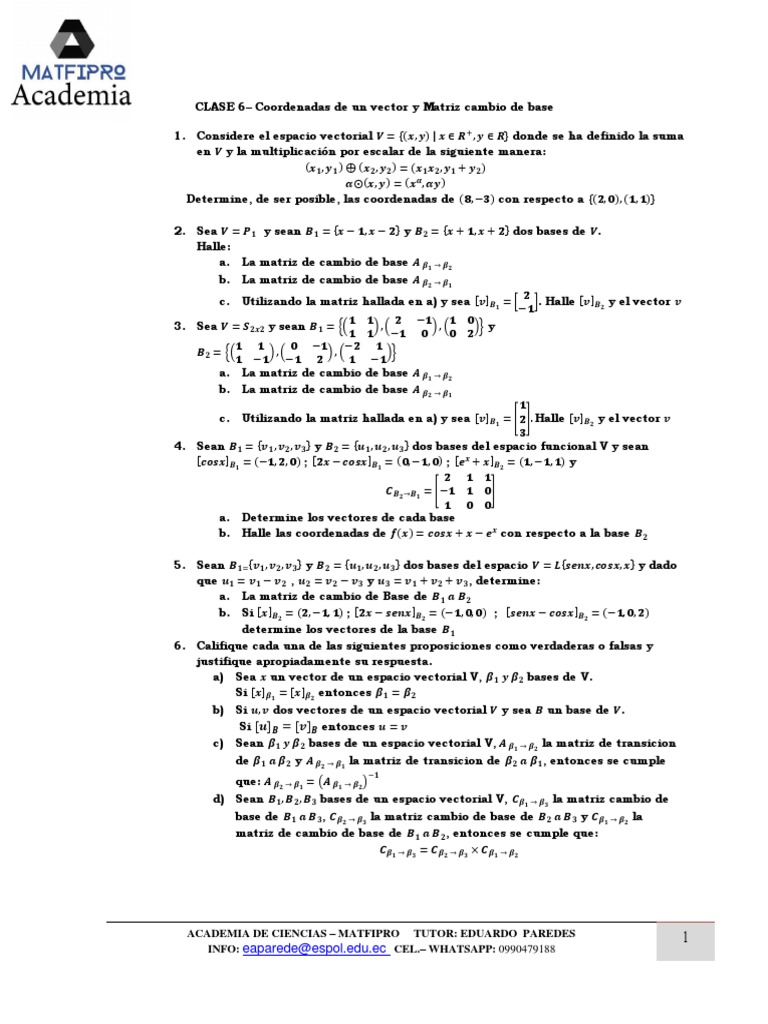 Clase 6. Coordenadas de Un Vector y Matriz de Cambio de Base | PDF ...