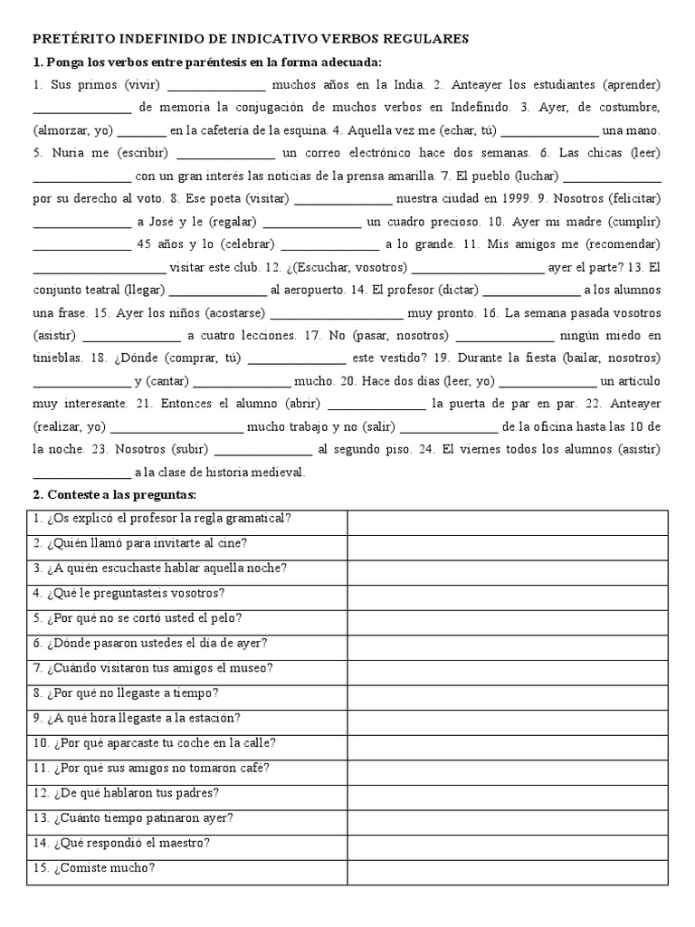 Pretérito Indefinido de Indicativo Verbos Regulares | PDF | Miguel De ...