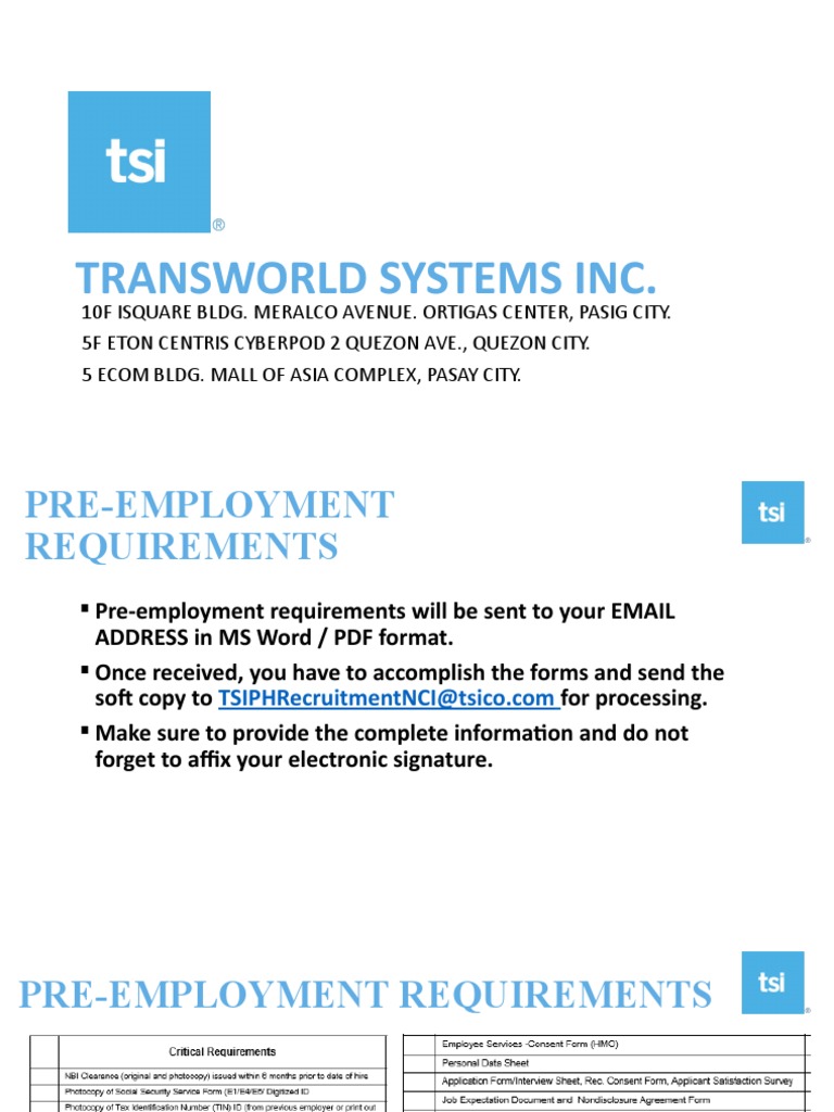 Pre-Employment Onboarding Requirements and Documentation for Transworld ...