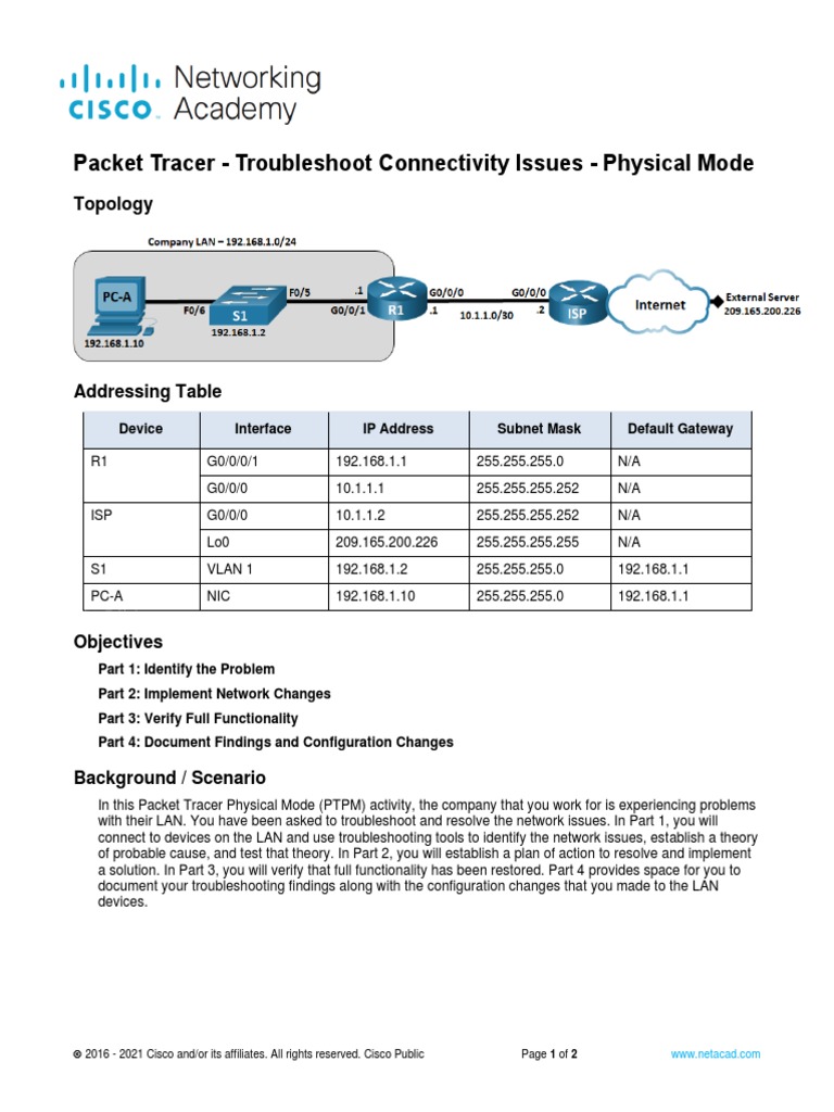 17.7.7 Packet Tracer - Troubleshoot Connectivity Issues - Physical Mode | PDF
