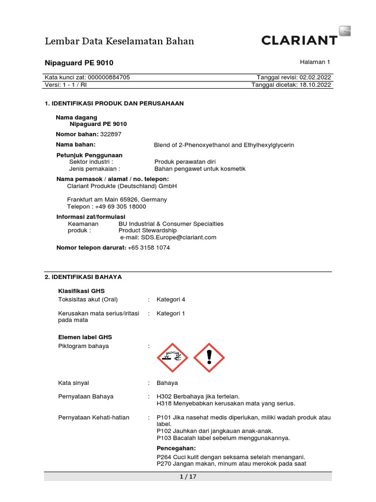 Clariant SDS Nipaguard PE 9010 Indonesia Indonesian | PDF