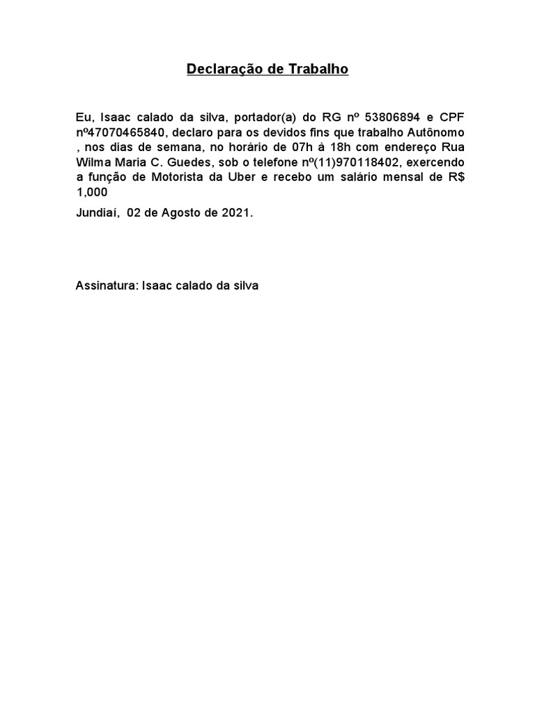 Declaracao de Trabalho Autônomo | PDF