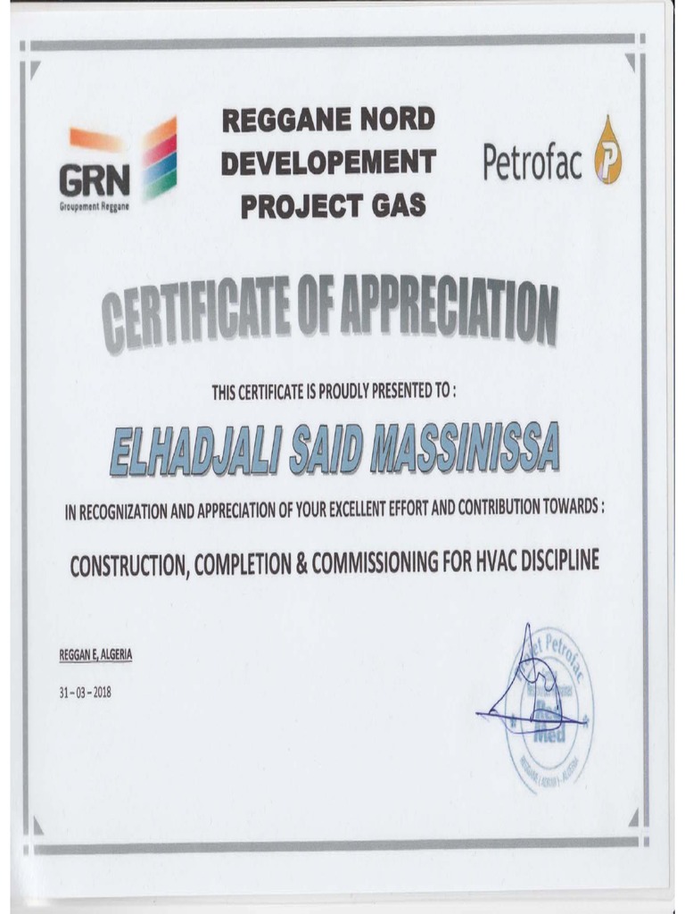Petrofac Certificate of Appreciation | PDF