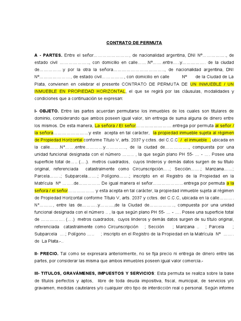 CONTRATO DE PERMUTA-modelo | Descargar gratis PDF | Impuestos | Propiedad