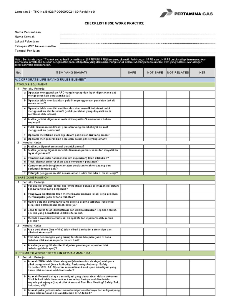 Checklist HSSE Work Practice | PDF
