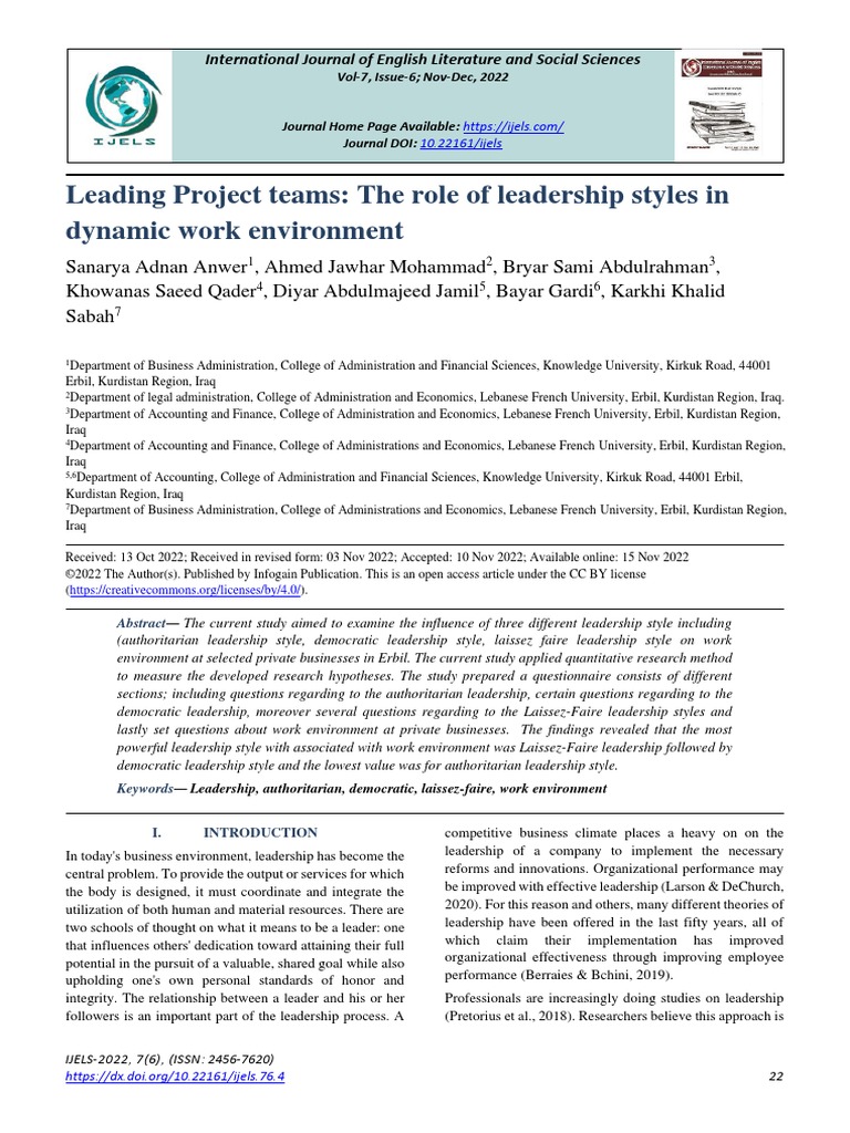 Leading Project Teams: The Role of Leadership Styles in Dynamic Work Environment | PDF ...
