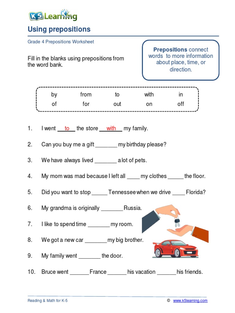 Grade 4 Using Prepositions A | PDF | Language Arts & Discipline