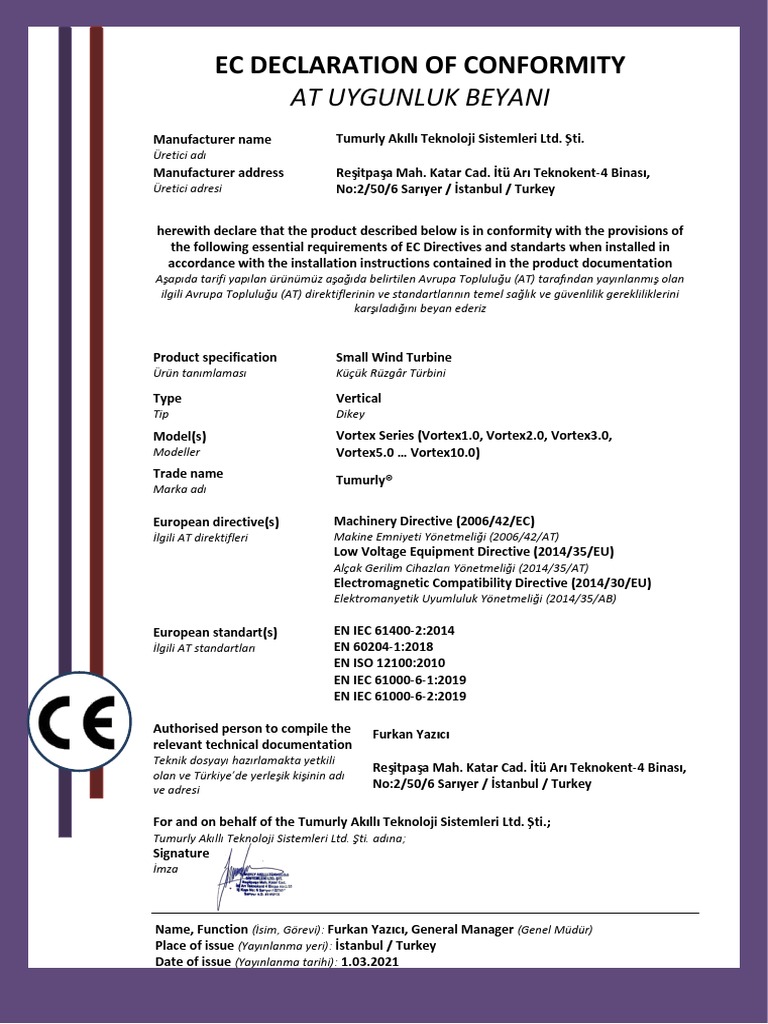 Tumurly® Vortex Series CE Declaration of Conformity | PDF