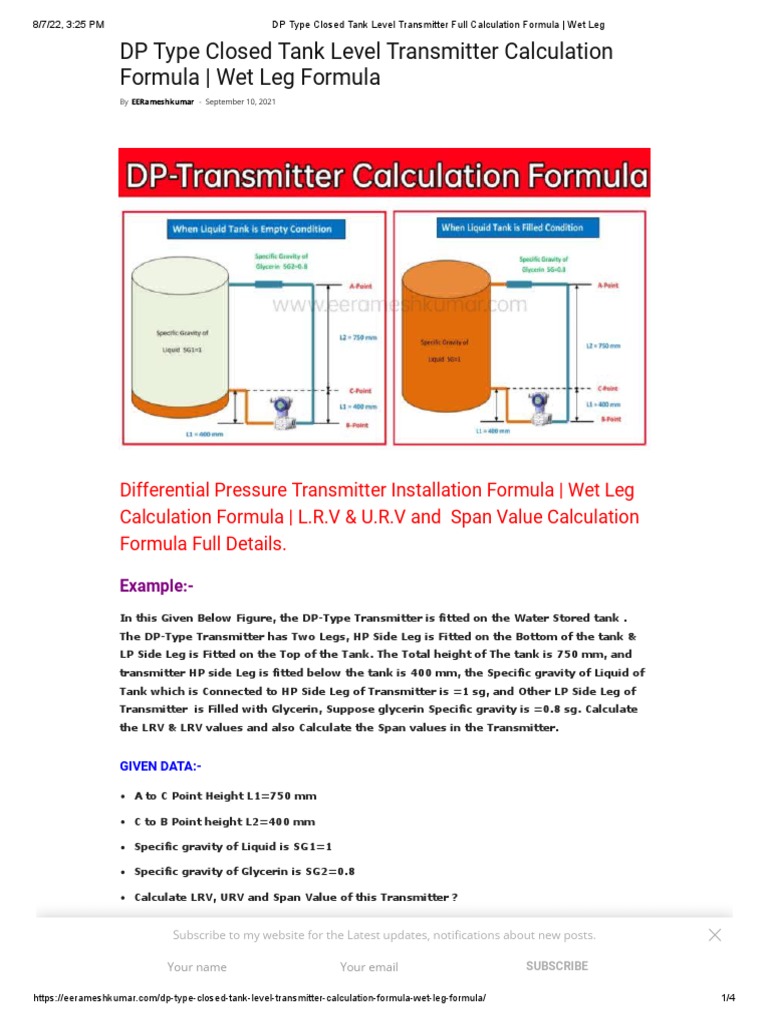 DP Type Closed Tank Level Transmitter Full Calculation Formula - Wet ...