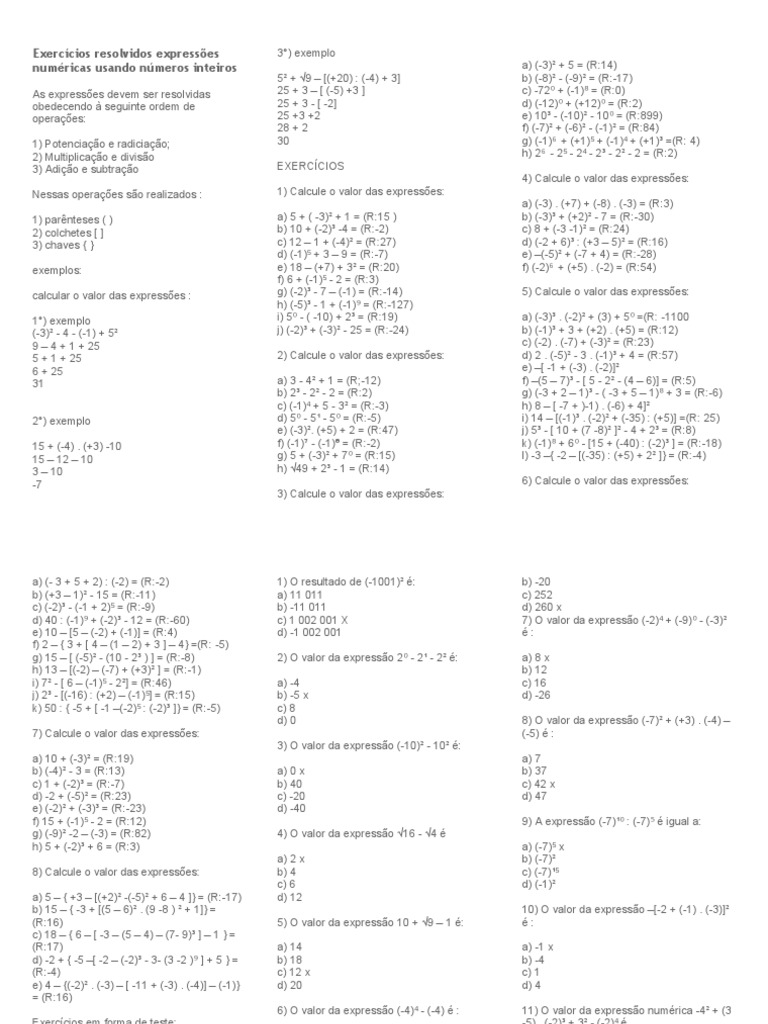 Exercícios Resolvidos Expressões Numéricas Usando Números Inteiros | PDF | Matemática | Aritmética