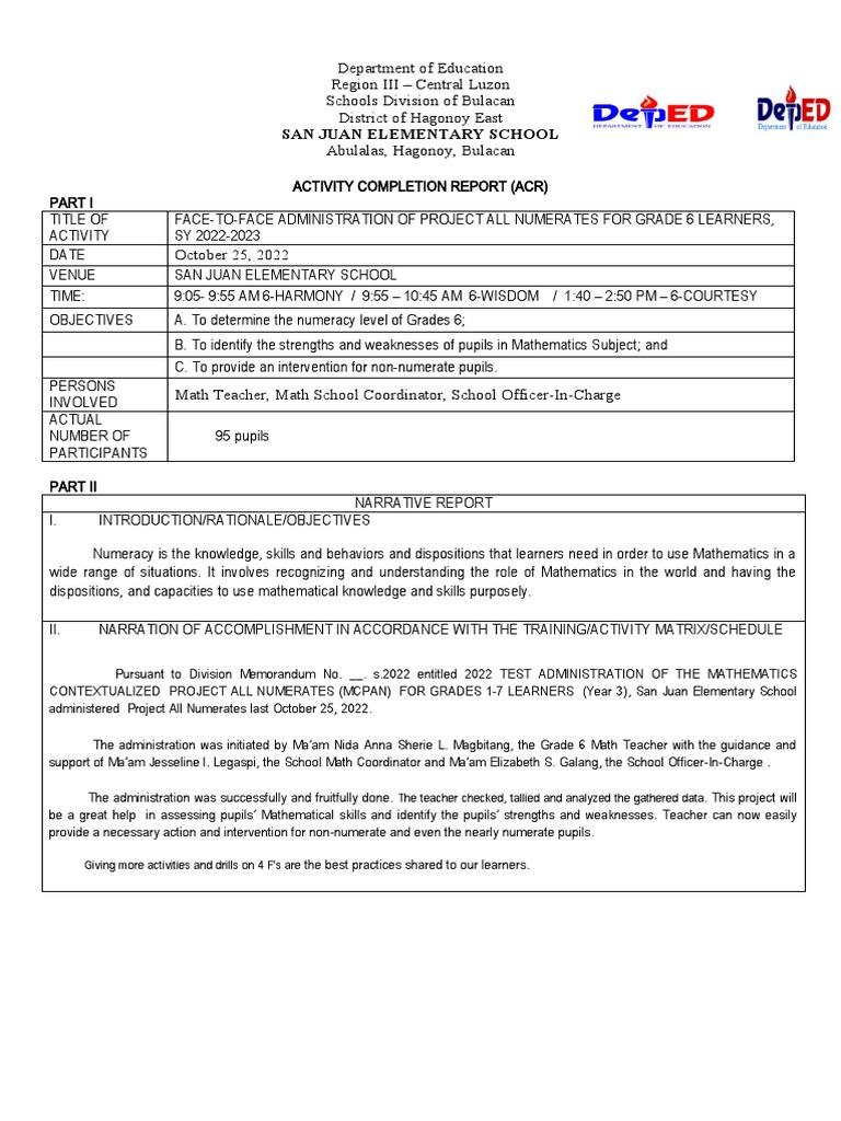 Grade 6 ACR Project AN | PDF | Mathematics | Teachers