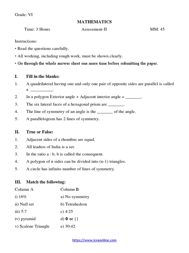Icse Class 6 Assessment 2 Mathematics 230922 2021 | PDF | Rectangle ...
