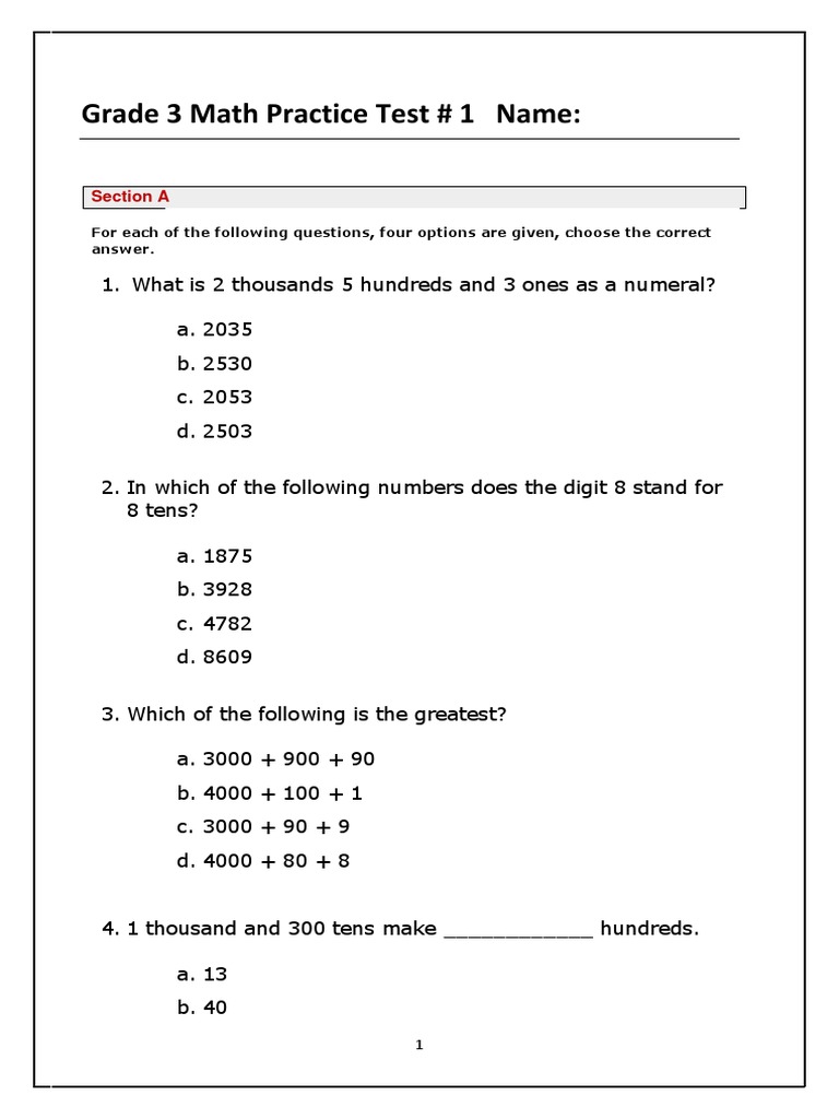 Grade 3 Math Practice Test # 1 Name:: Section A | PDF