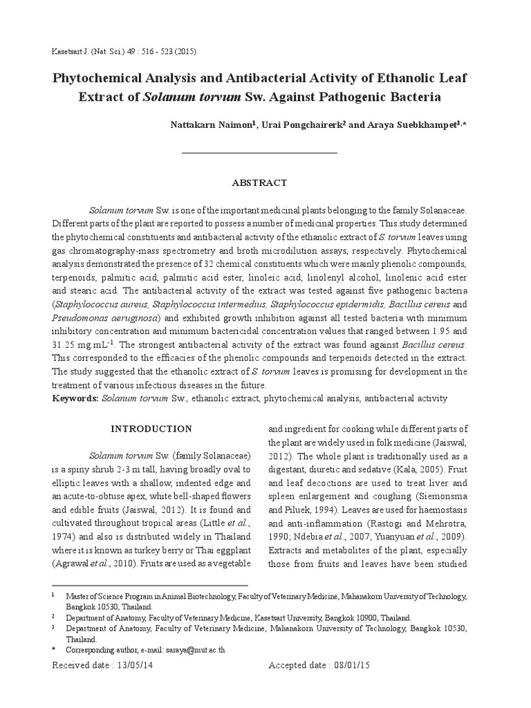 Phytochemical Analysis And Antibacterial Activity Of Ethanolic Leaf Extract Of Solanum Torvum Sw