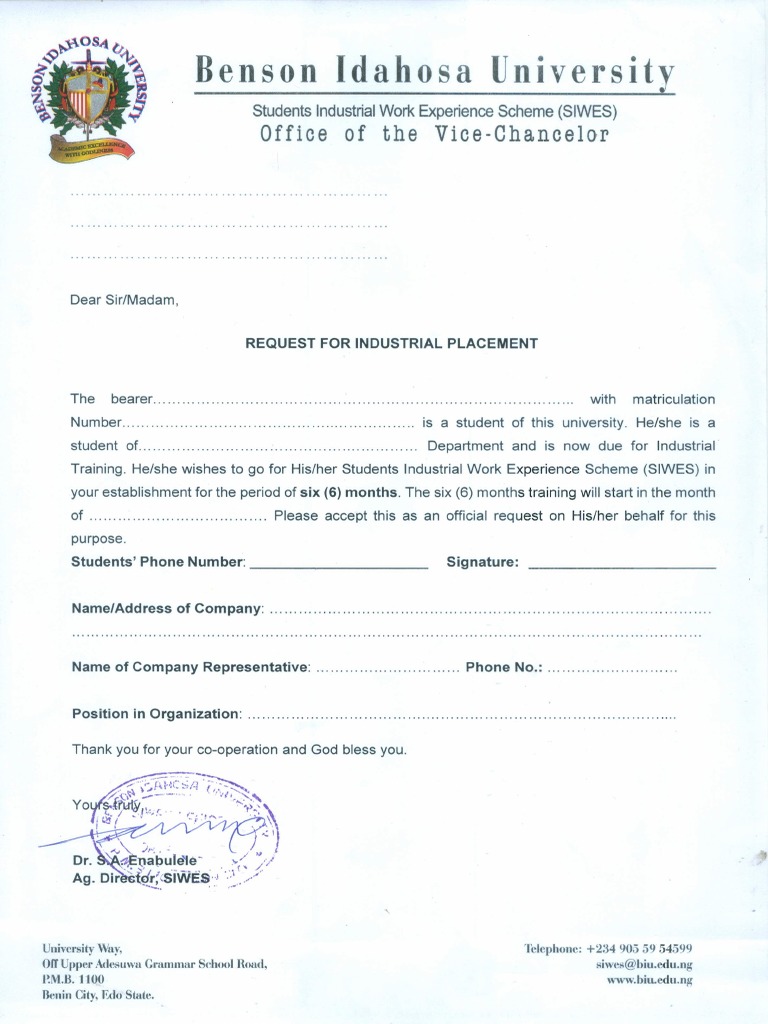 Siwes Placement Letter | PDF