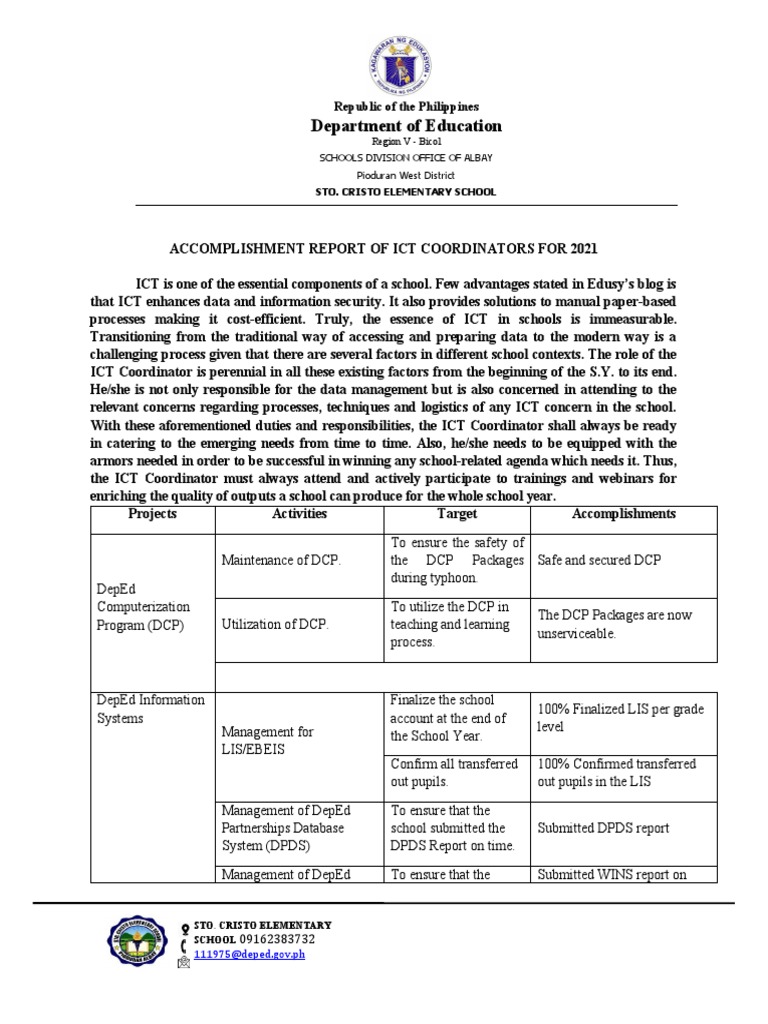 STO. CRISTO ES - ICT - Coordinators Accomplishment Report 2021 | PDF | Educational Technology ...