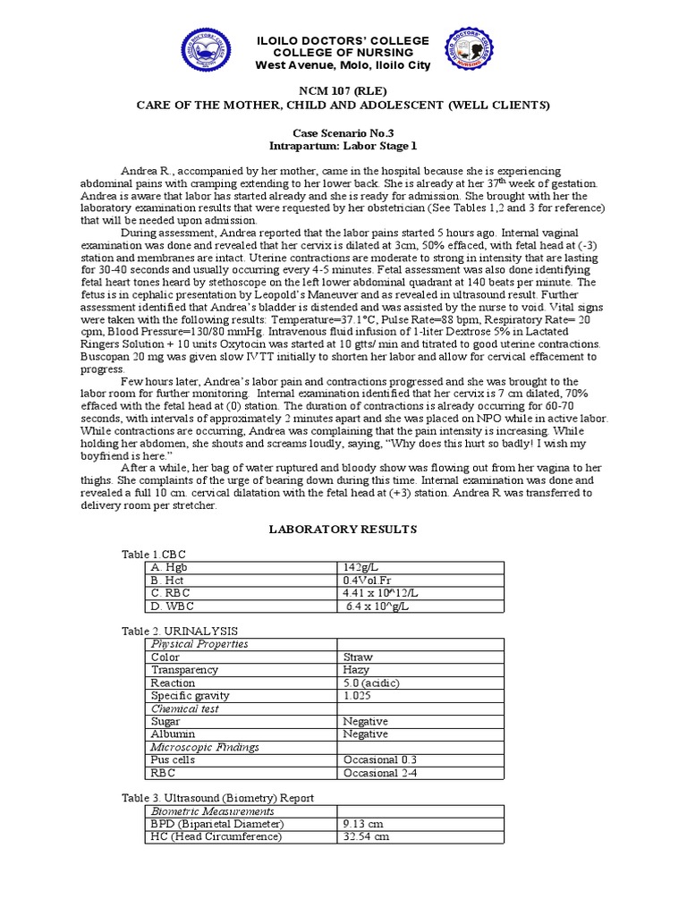 Case Scenario No. 3 Intrapartum Labor Stage 1 | PDF | Childbirth | Fetus