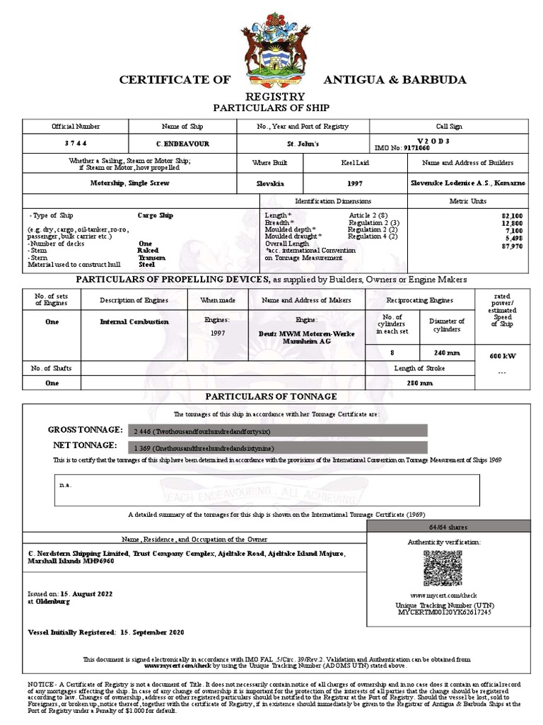 1 - Copy of The Registry Certificate | PDF | Tonnage | Ships