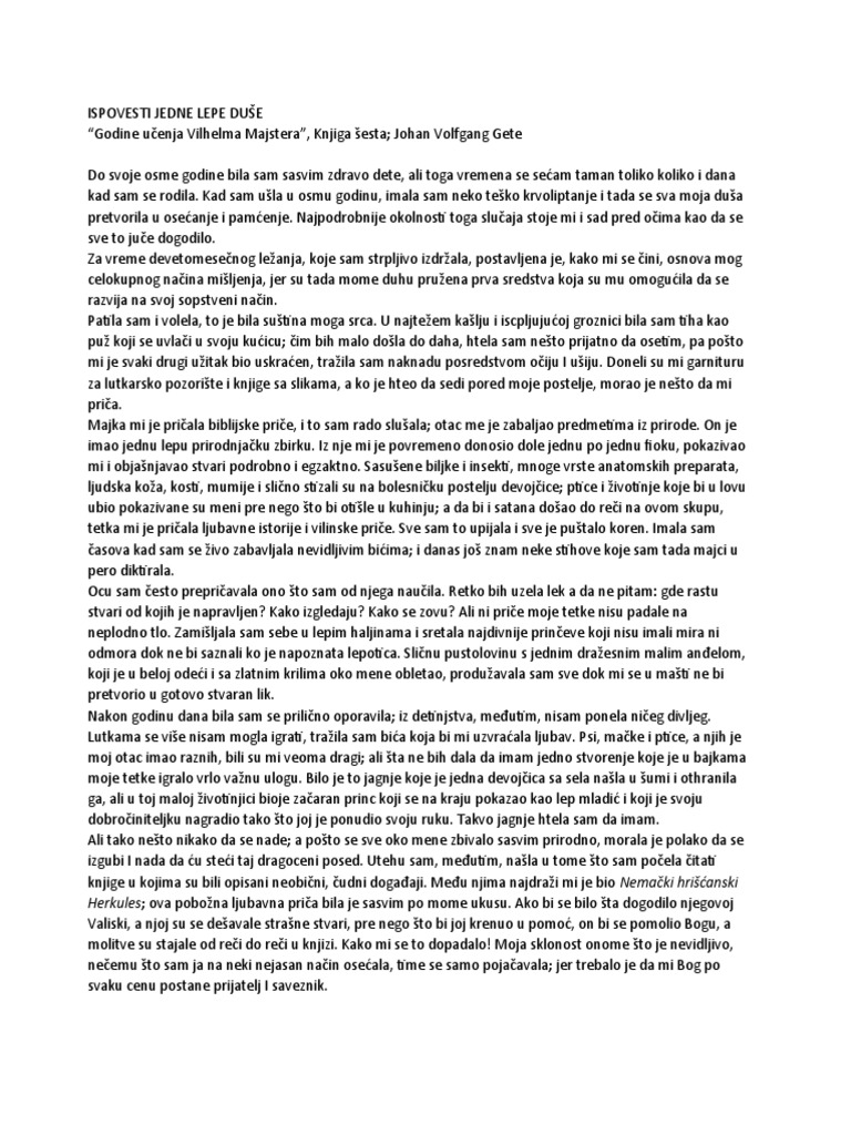Ispovest Jedne Lepe Duše - J.V.Gete | PDF