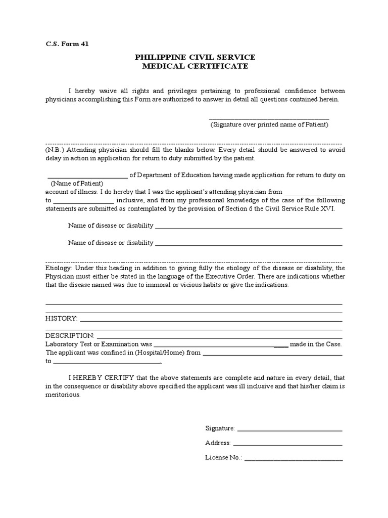 CS Form 41 Medical Certificate | PDF