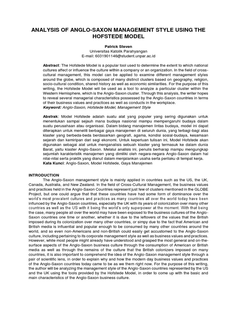 Analysis of Anglo-Saxon Management Style Using The Hofstede Model | PDF ...