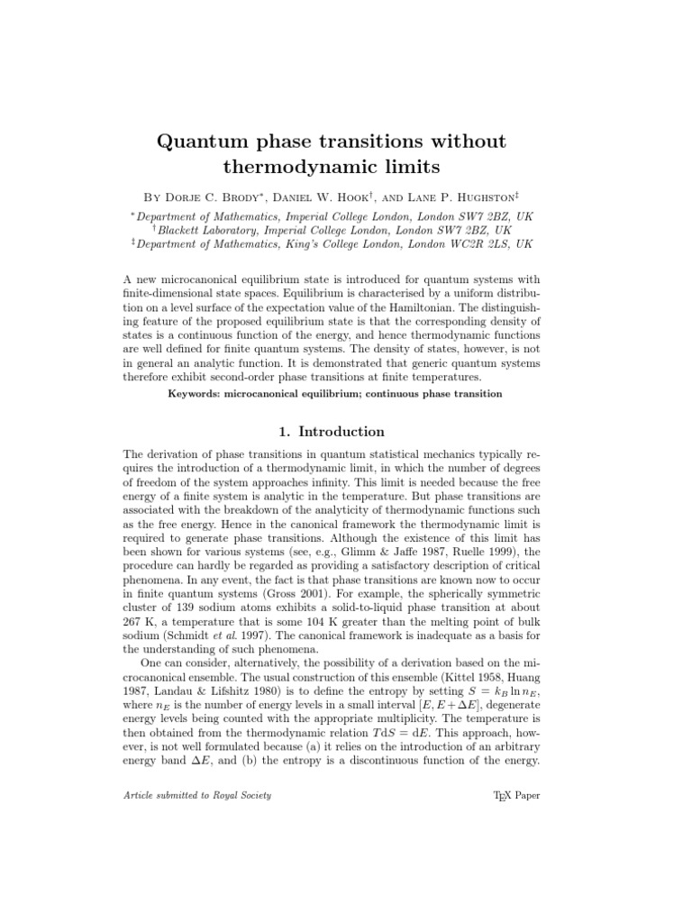Quantum Phase Transitions Without Thermodynamic Limits: Keywords: Microcanonical Equilibrium ...