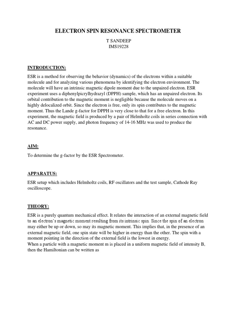 Electron Spin Resonance Spectrometer | PDF | Electron | Electron ...