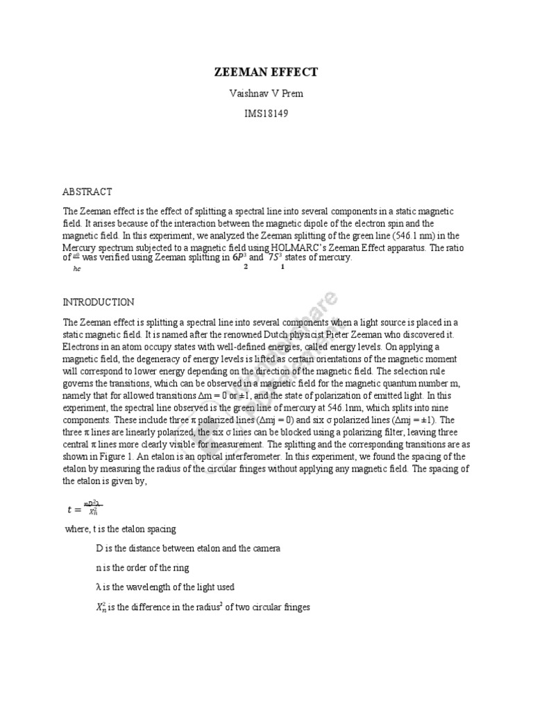Analysis of the Zeeman Effect Using Mercury Spectroscopy | PDF | Energy Level | Magnetism
