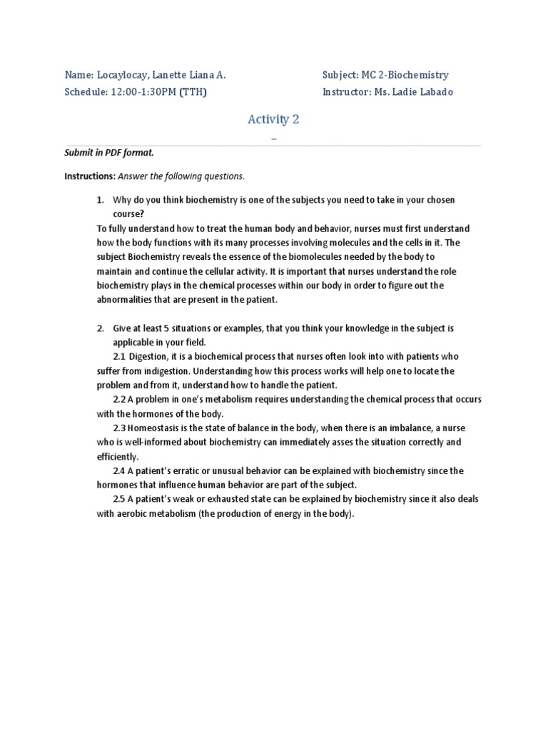 Introduction To Biochemistry - Activity 2 | PDF | Biochemistry | Chemistry