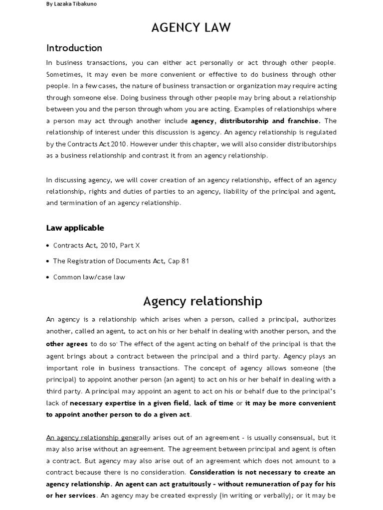 Agency Law Notes LLB 2 | PDF | Law Of Agency | Indemnity