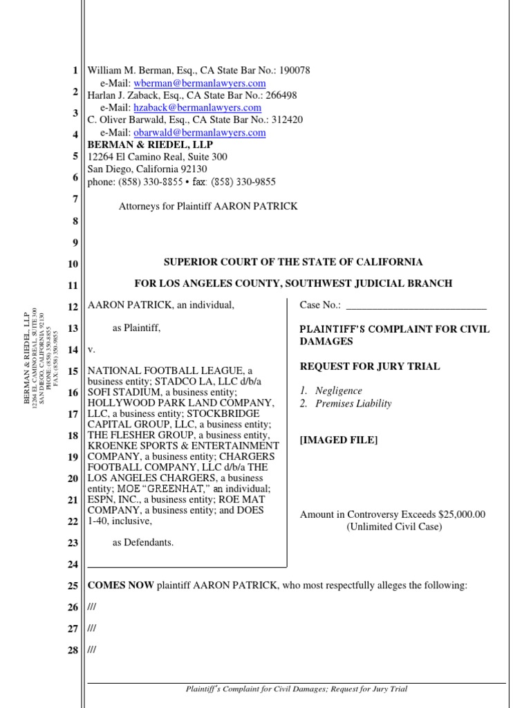 Aaron Patrick v. National Football League, Et Al. | PDF | Negligence ...