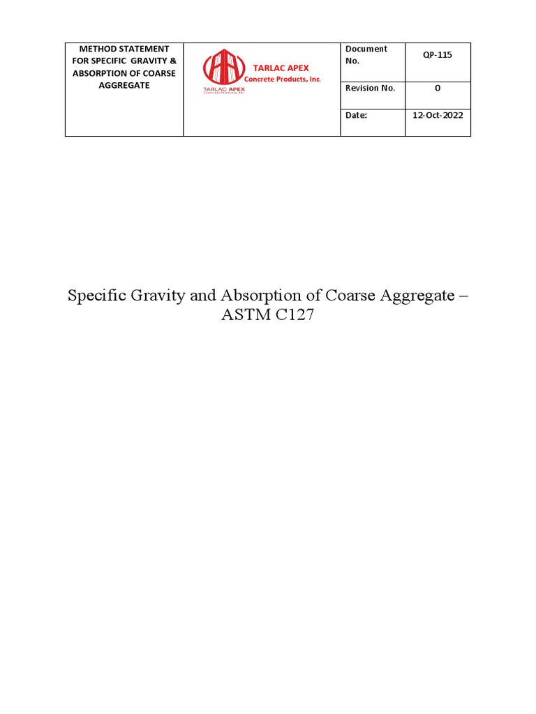 Determination of Specific Gravity and Absorption of Coarse Aggregate According to ASTM C127 ...