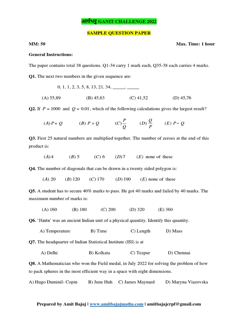 Aryabhatta Ganit Challenge 2022: Sample Question Paper for Mathematics ...