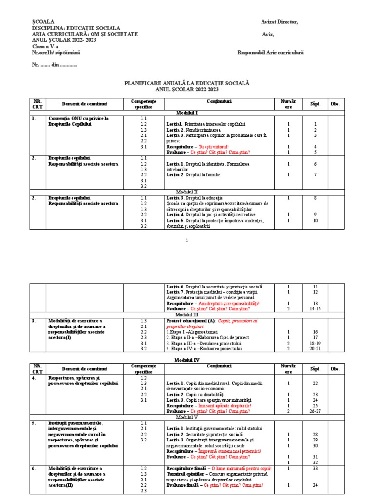 ELENA Cls 5 Planificare-Calendaristica - Educatie-Sociala | PDF