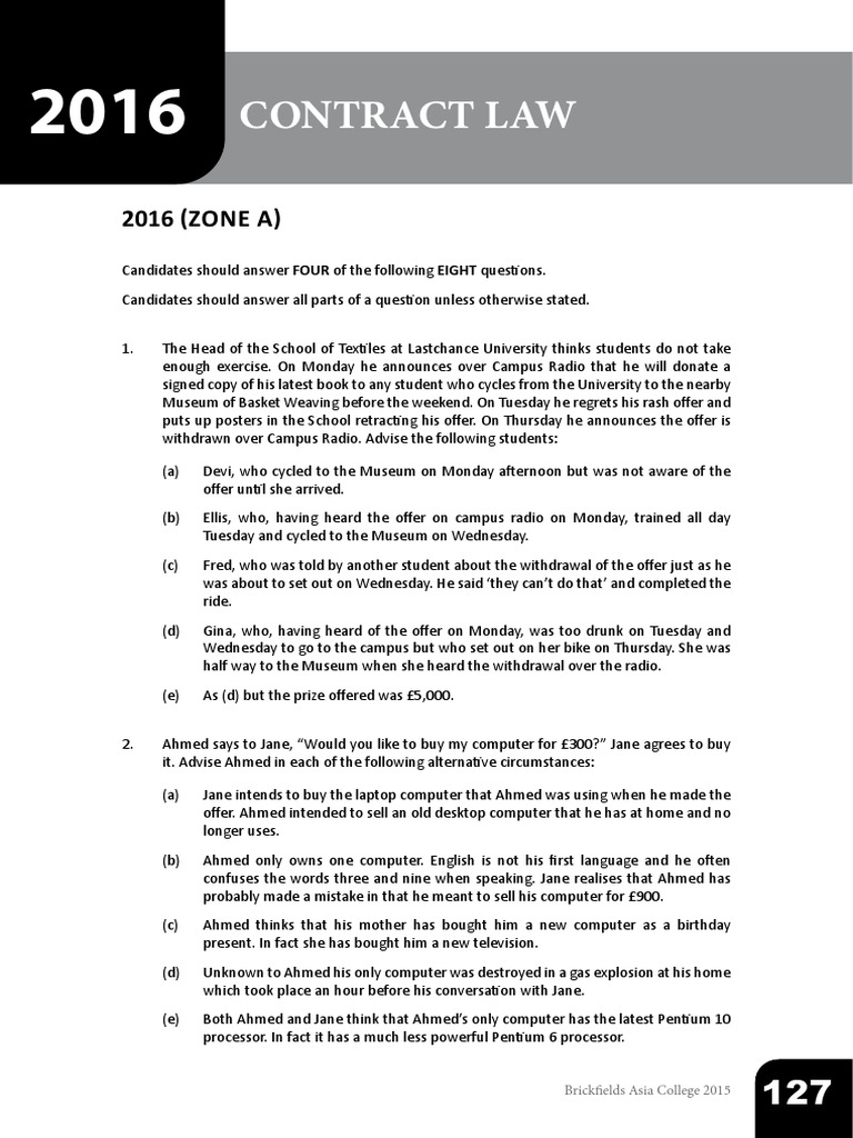 PYQ Contract Law 2016 | PDF | Fee | Breach Of Contract