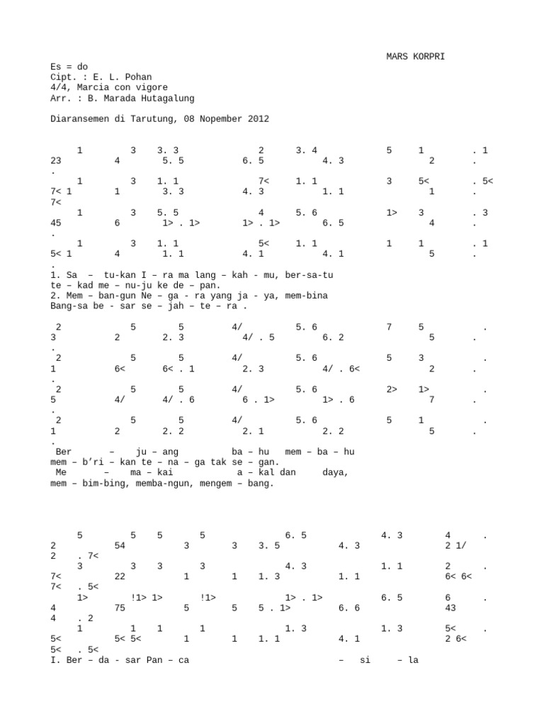 Partitur Mars KORPRI Notasi Angka | PDF