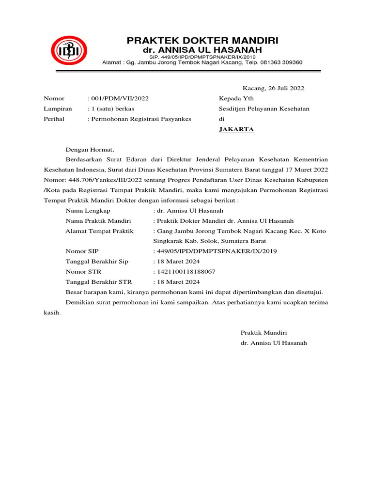 Surat Permohonan Registrasi Fasyankes | PDF