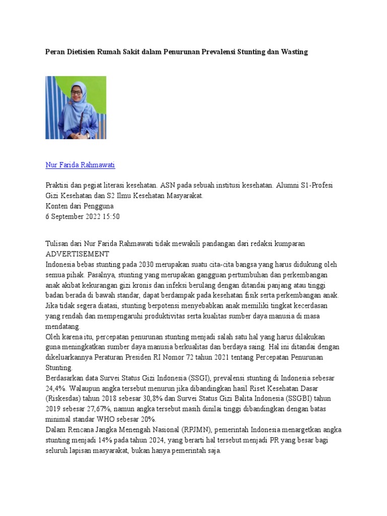 Peran Dietisien Rumah Sakit Dalam Penurunan Prevalensi Stunting Dan Wasting | PDF