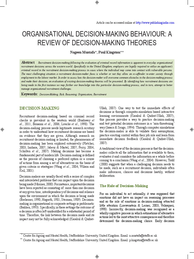 Organisational Decision Making Behaviour Pdf Decision Making Utility