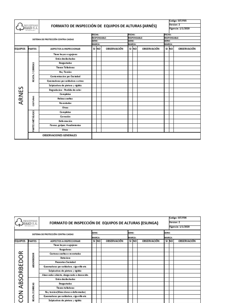 Formato Inspeccion de Equipo de Alturas | PDF