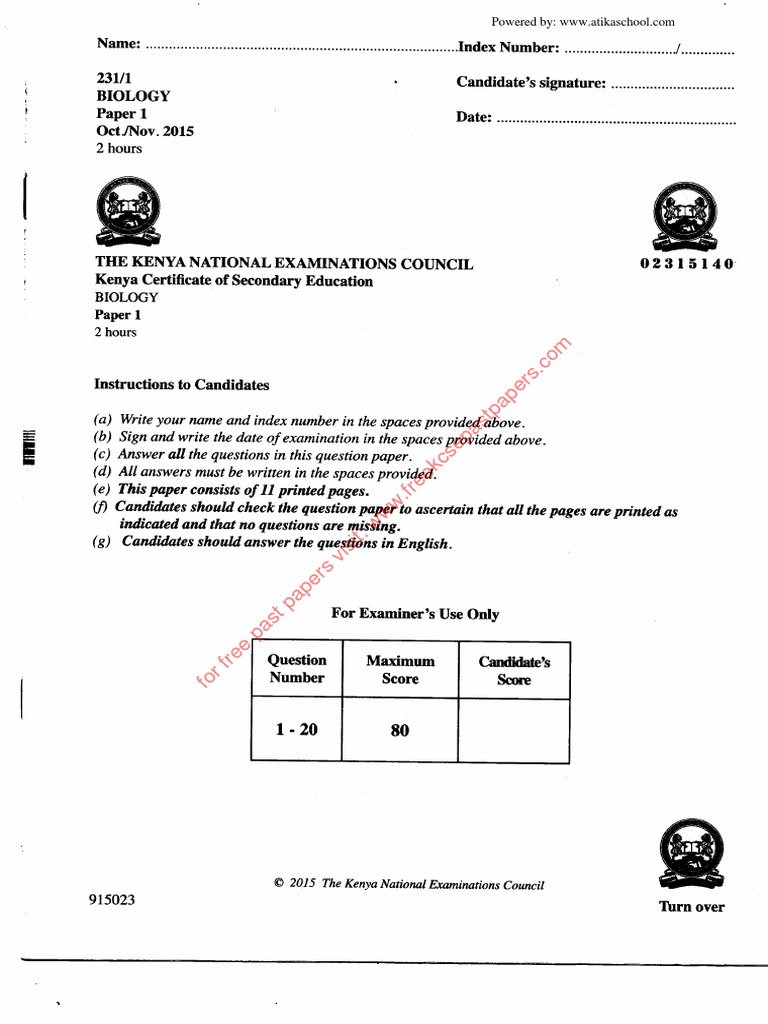 2015 KCSE Biology Paper1 | PDF