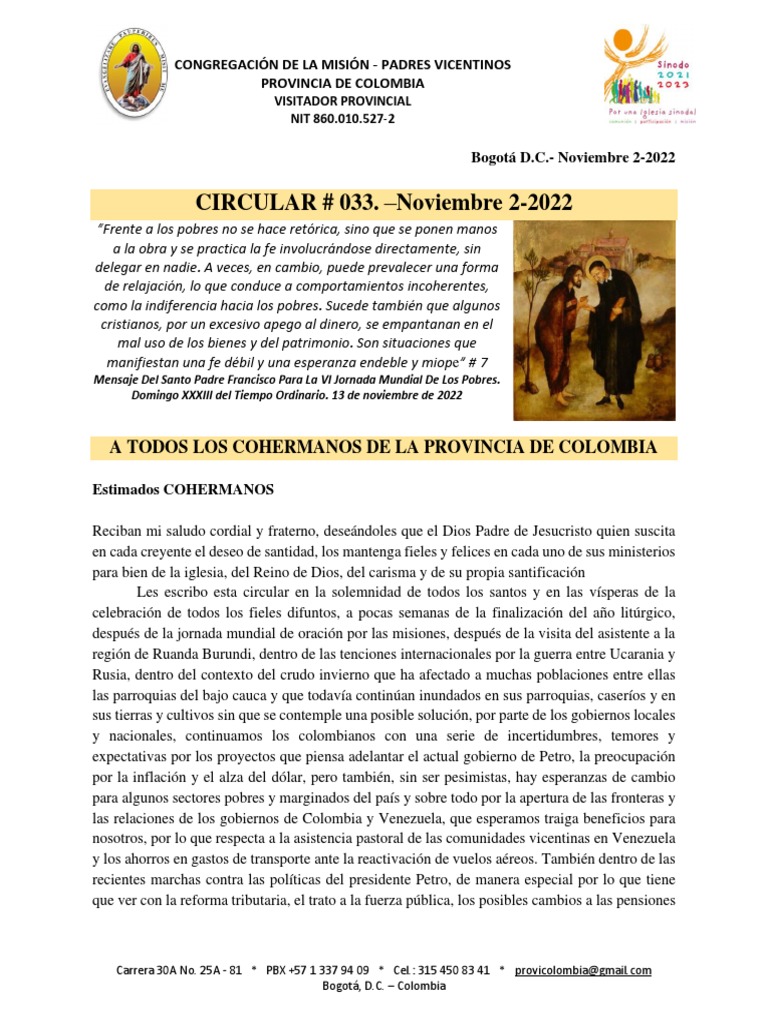 Circular 033 Visitador Colombia Nov 3-2022. | PDF | Seminario | Papa Francisco