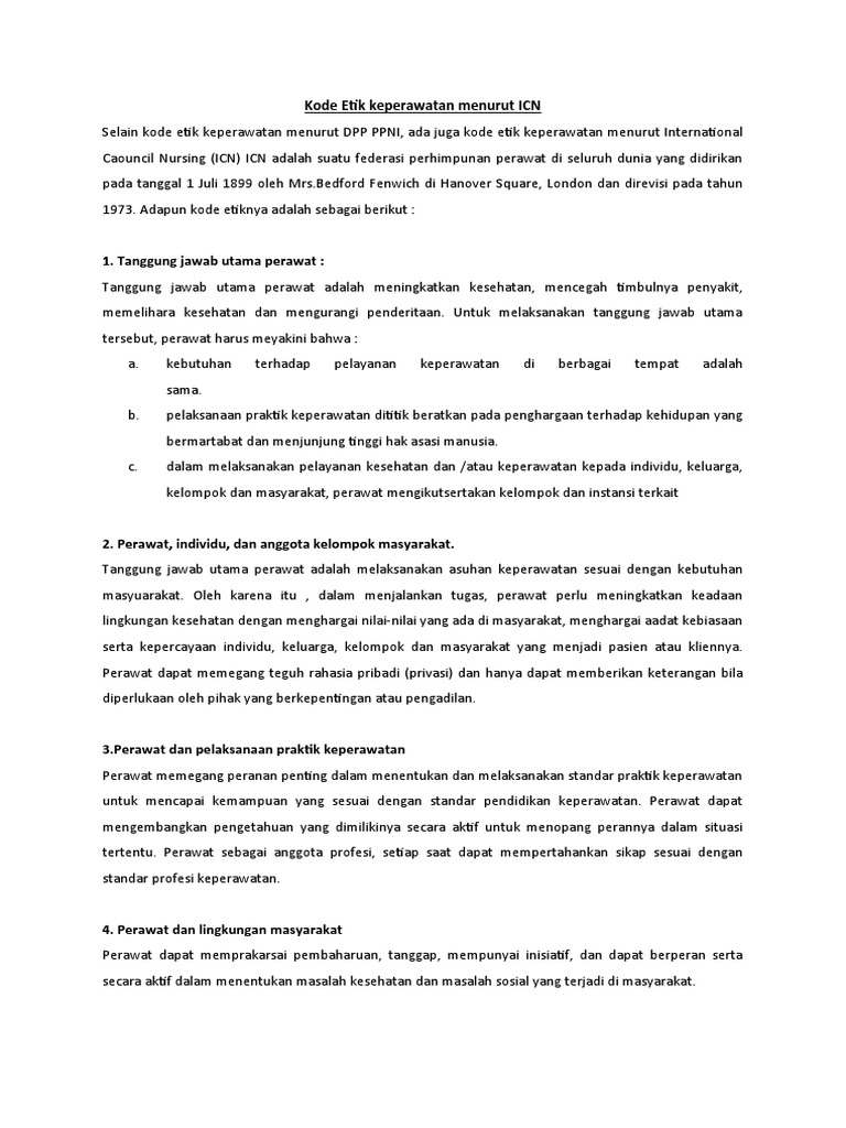 Kode Etik Keperawatan Menurut ICN | PDF