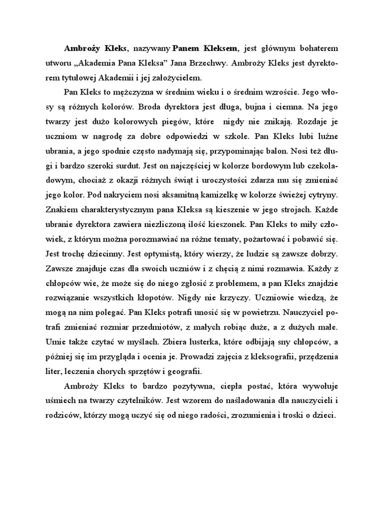 Opis Postaci - Ambroży Kleks | PDF