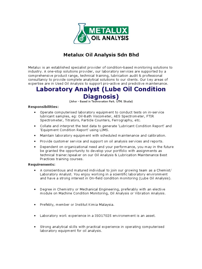 Oil Laboratory Analist | PDF | Laboratories | Applied And ...