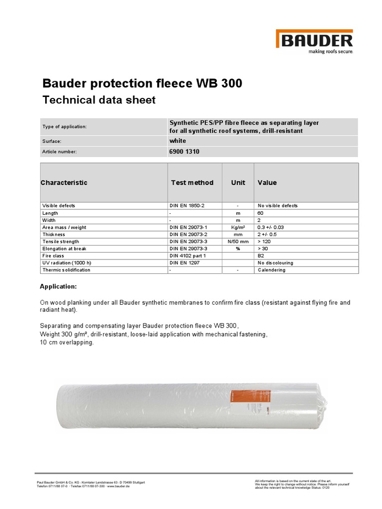 Bauder WB 300 Protection Fleece Data Sheet | PDF | Materials | Building ...