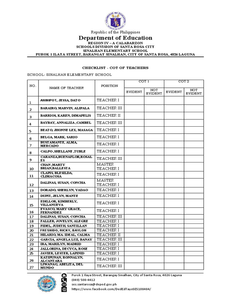 Teacher Performance Evaluation: Checklist of Classroom Observation ...